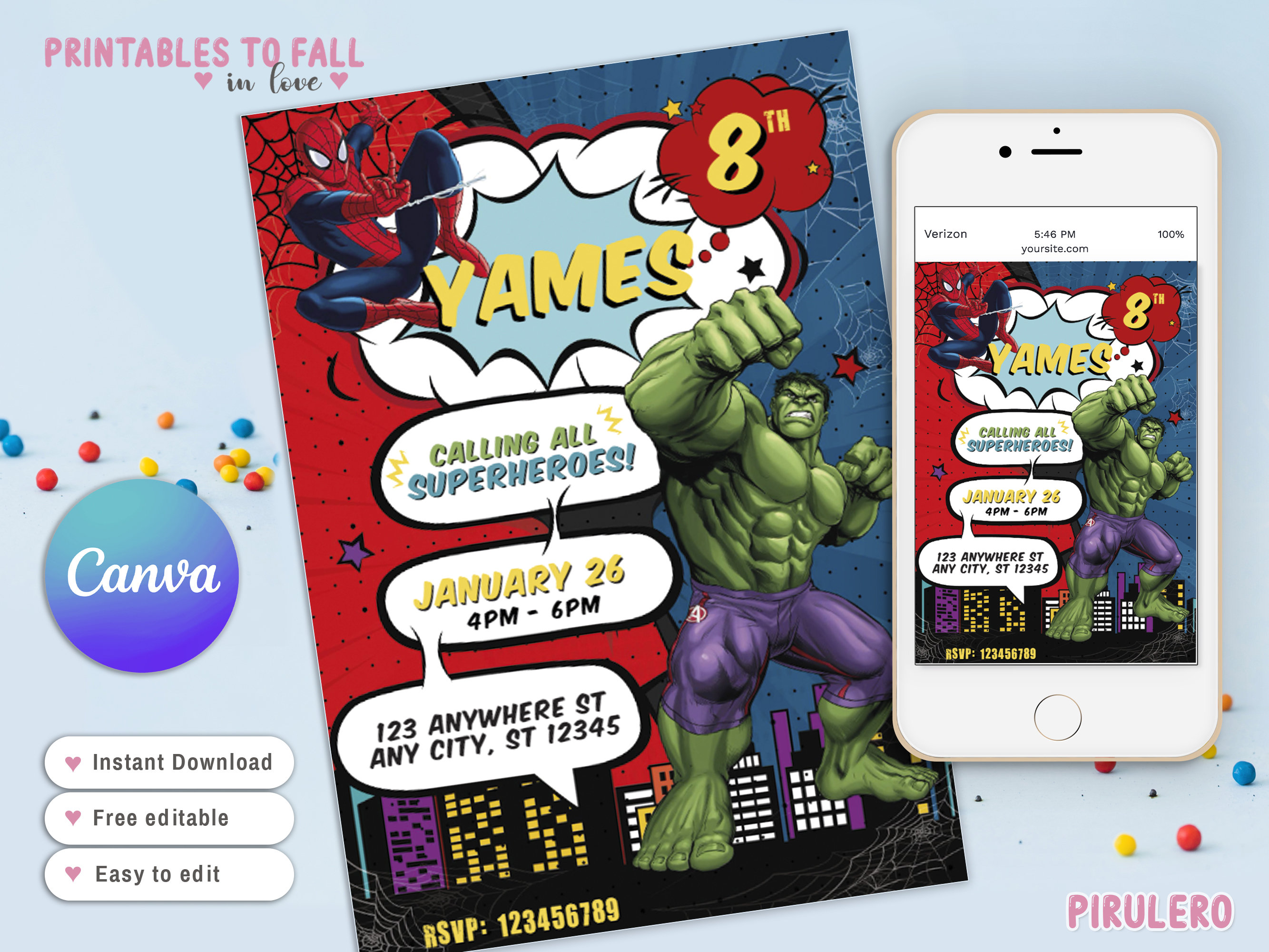 Spiderman and Hulk Birthday Invitation, Spider-man Birthday Invite ...