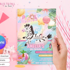 Pool Party Jungle Zebra Float Water Slide Safari Party Invite, Swimming ...