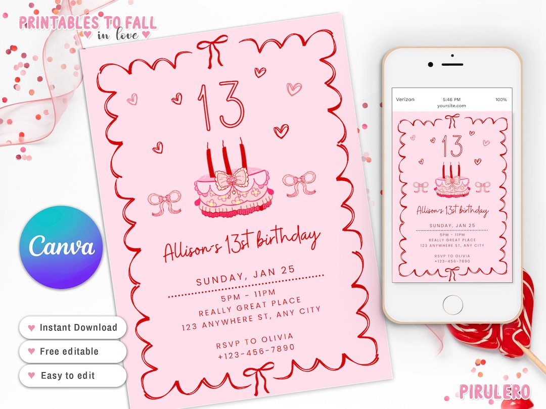 Preppy Bow Birthday Invitation for Any Age Template, 13th Editable Hand ...