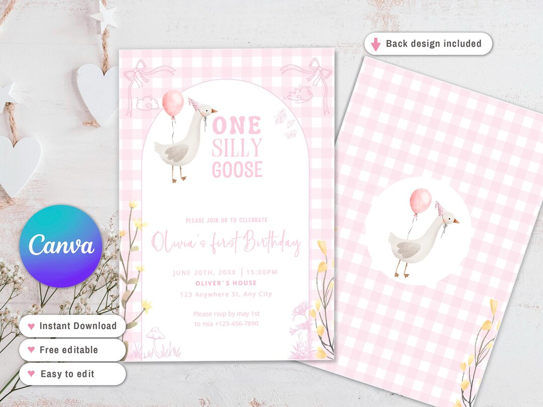 One Silly Goose Birthday Invitation Template, Editable Girl 1st ...