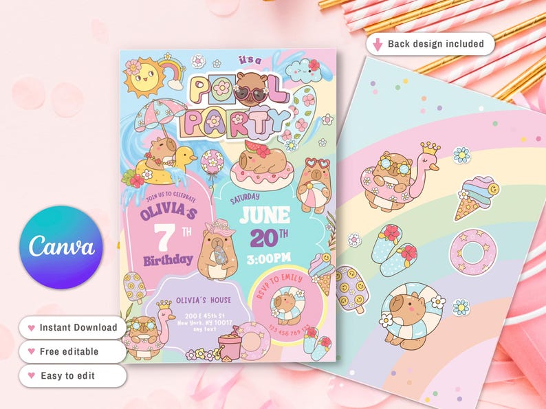 Pool Party Capybara Birthday Invitation, Summer Capy Birthday Invite ...