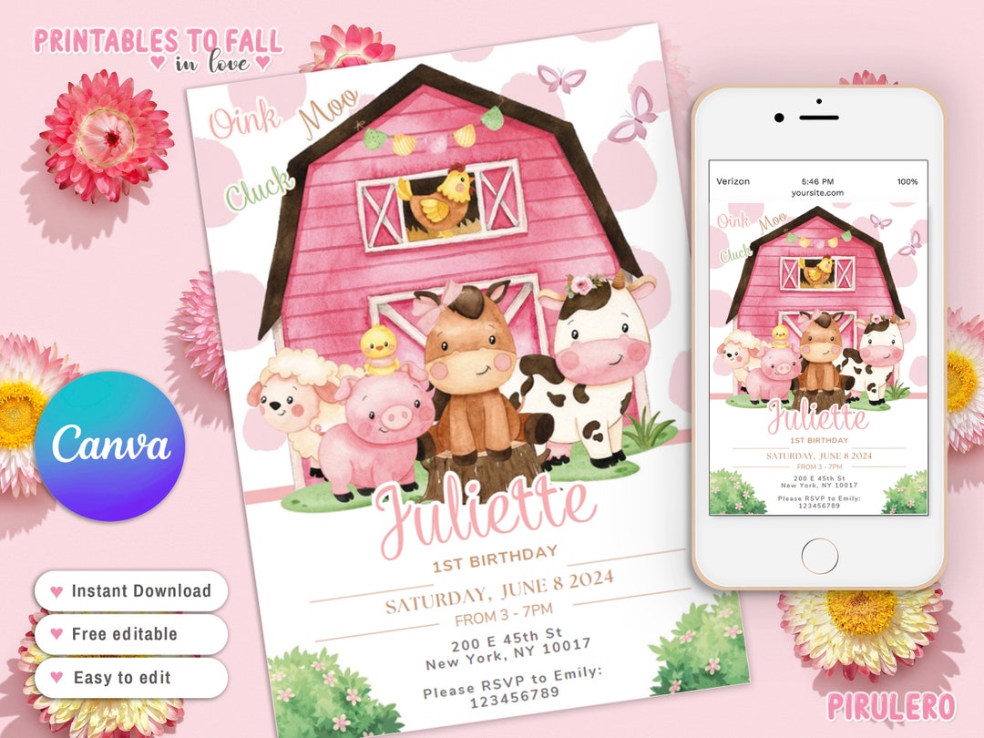 Editable Pink Farm Birthday Invitation, Farm Animals Birthday Invite ...