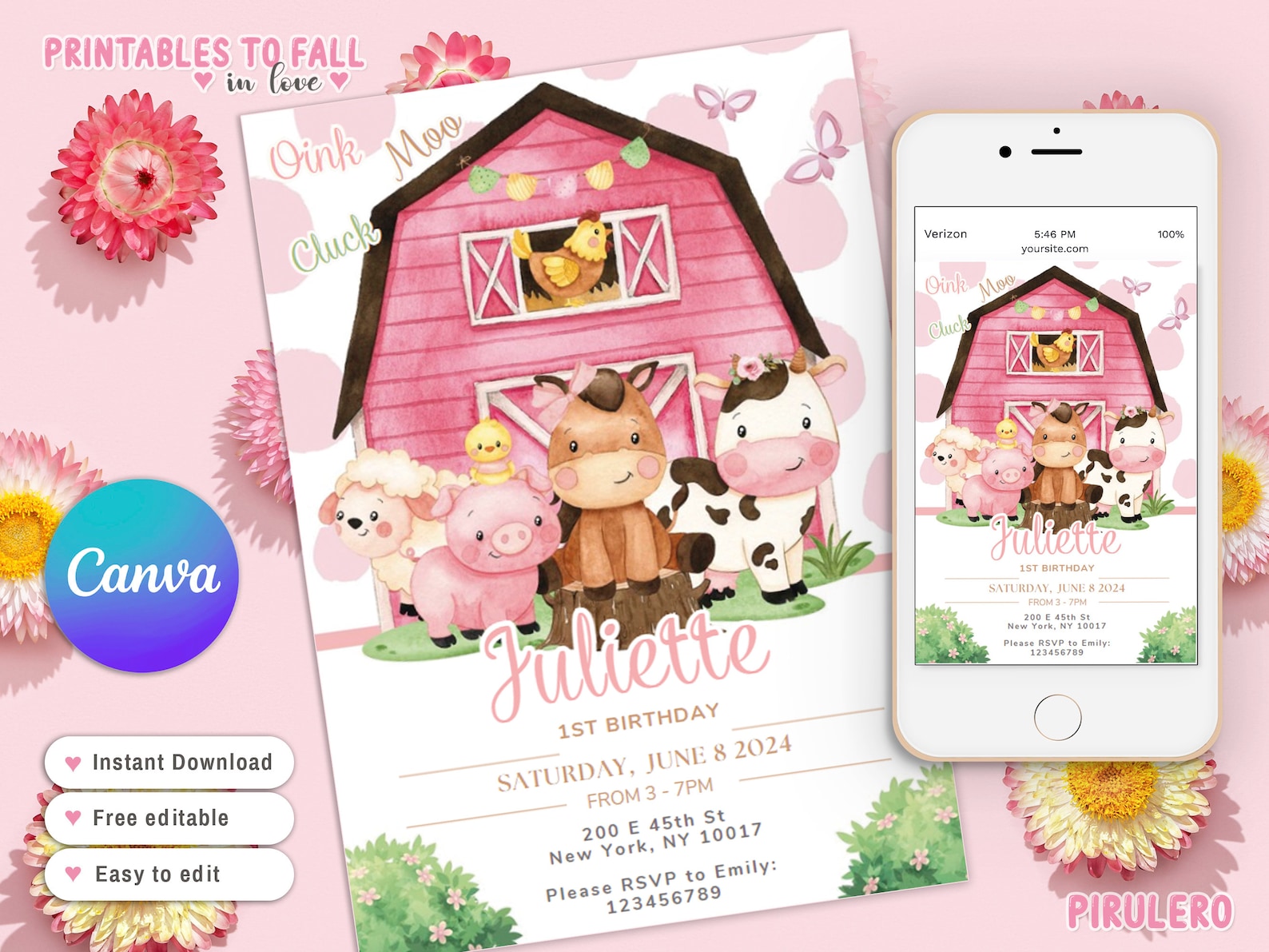 Invitación de cumpleaños editable de granja rosa, invitación de ...