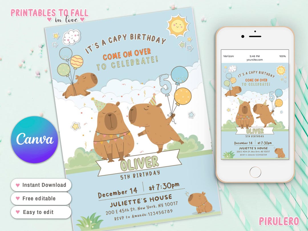 Invitación de cumpleaños de capibara, plantilla editable de Canva para ...