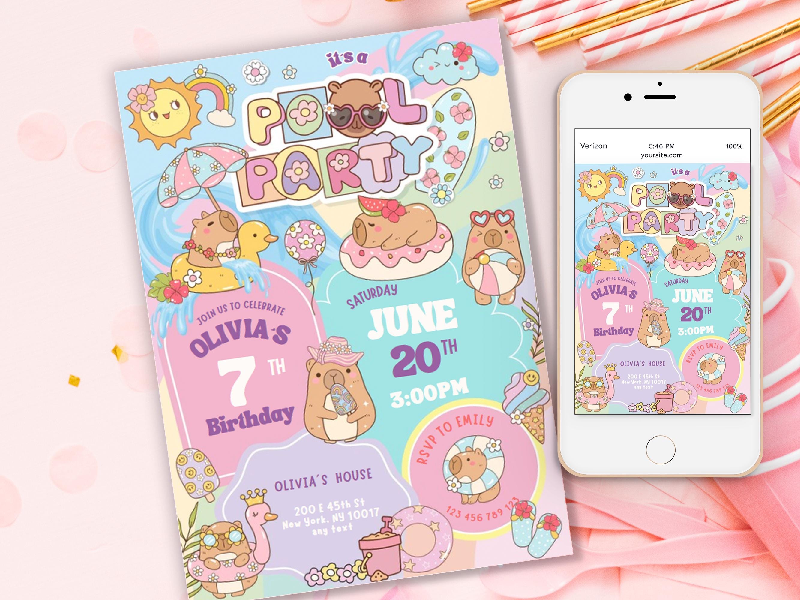Pool Party Capybara Birthday Invitation, Summer Capy Birthday Invite ...
