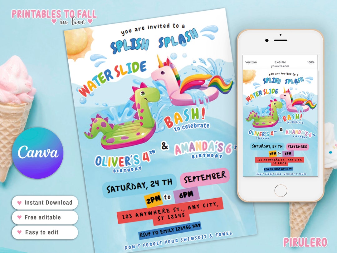 Waterslide Invitation,blue Pink Splash Bash Sibling Twins, DIY Splash ...