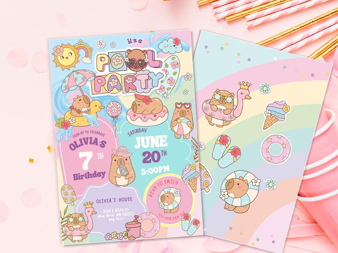 Pool Party Capybara Birthday Invitation, Summer Capy Birthday Invite ...