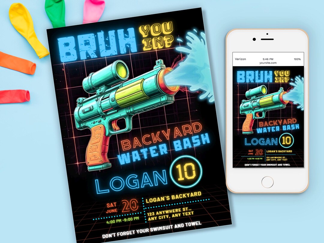 Water Gun Birthday Invitation, Pool Party Invite, Any Age Neon Water ...