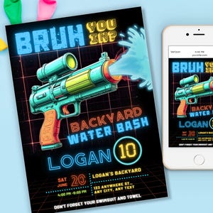 Water Gun Birthday Invitation, Pool Party Invite, Any Age Neon Water ...