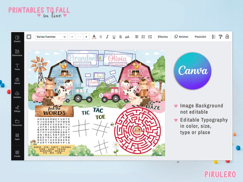 Farm Animals Activity Placemat, Boy and Girl Sibling Twins Printable ...