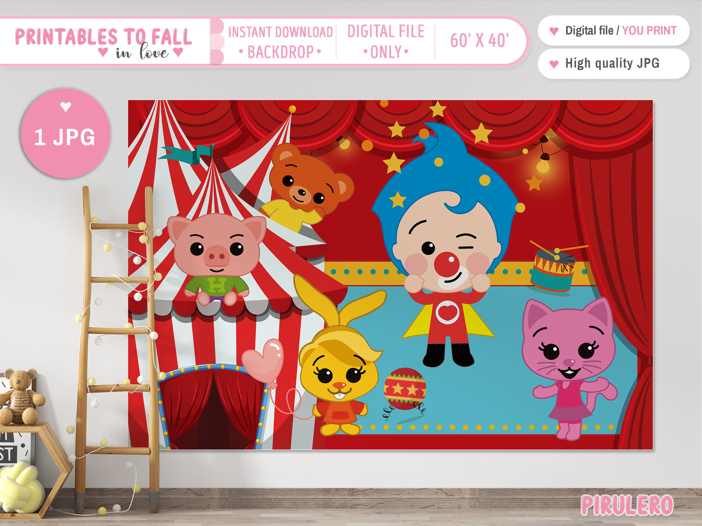 Plim Plim Clown Digital Backdrop Jpg, Kids Party Background, Plim Plim ...