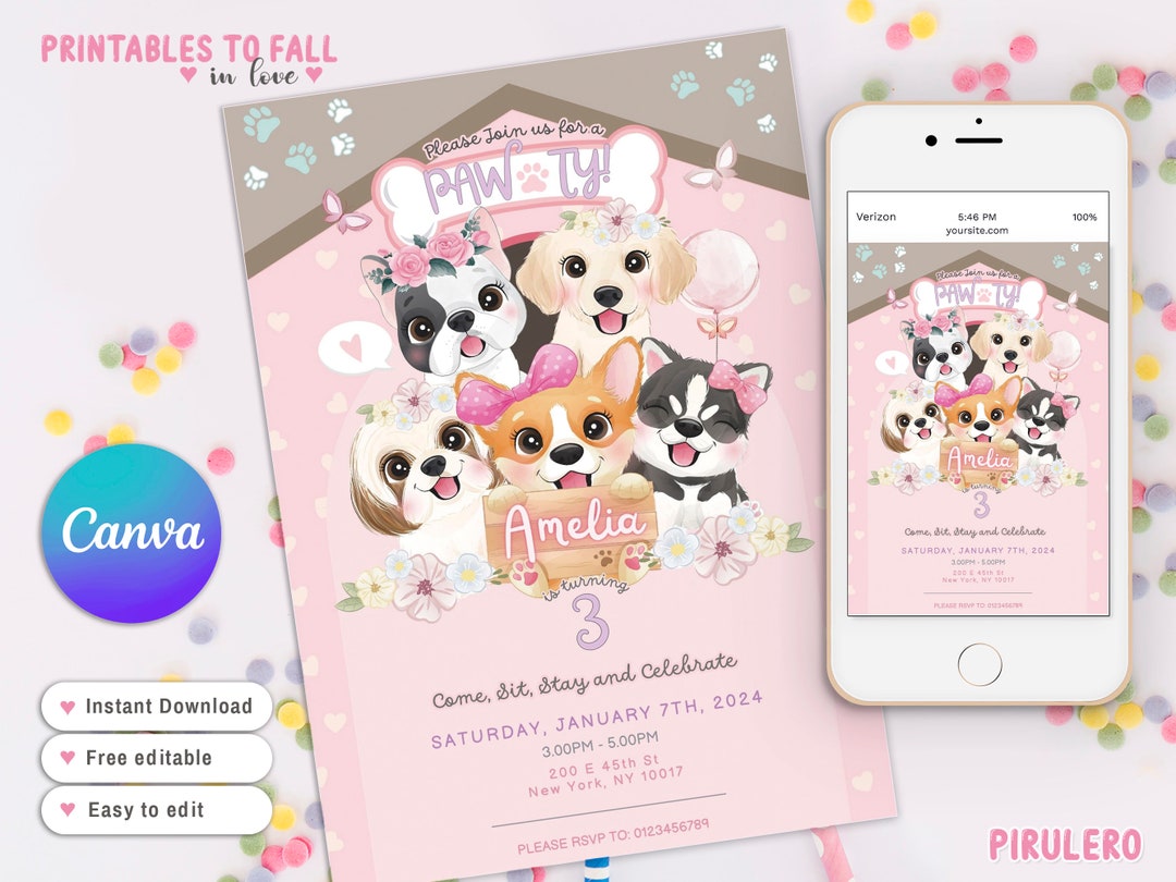 Dog Birthday Invitation Printable, Dogs Party Invite Pink Puppy ...