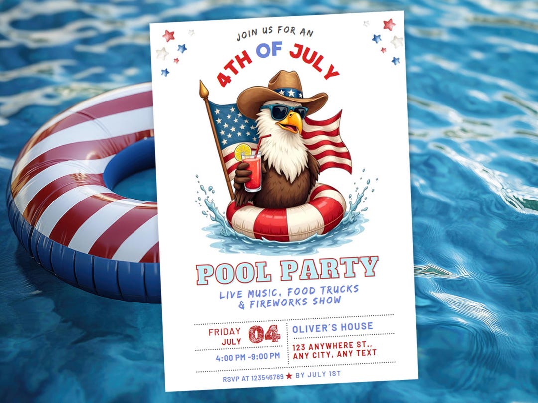 Editable Pool Party Invitation, 4th of July Party Invite, Funny ...