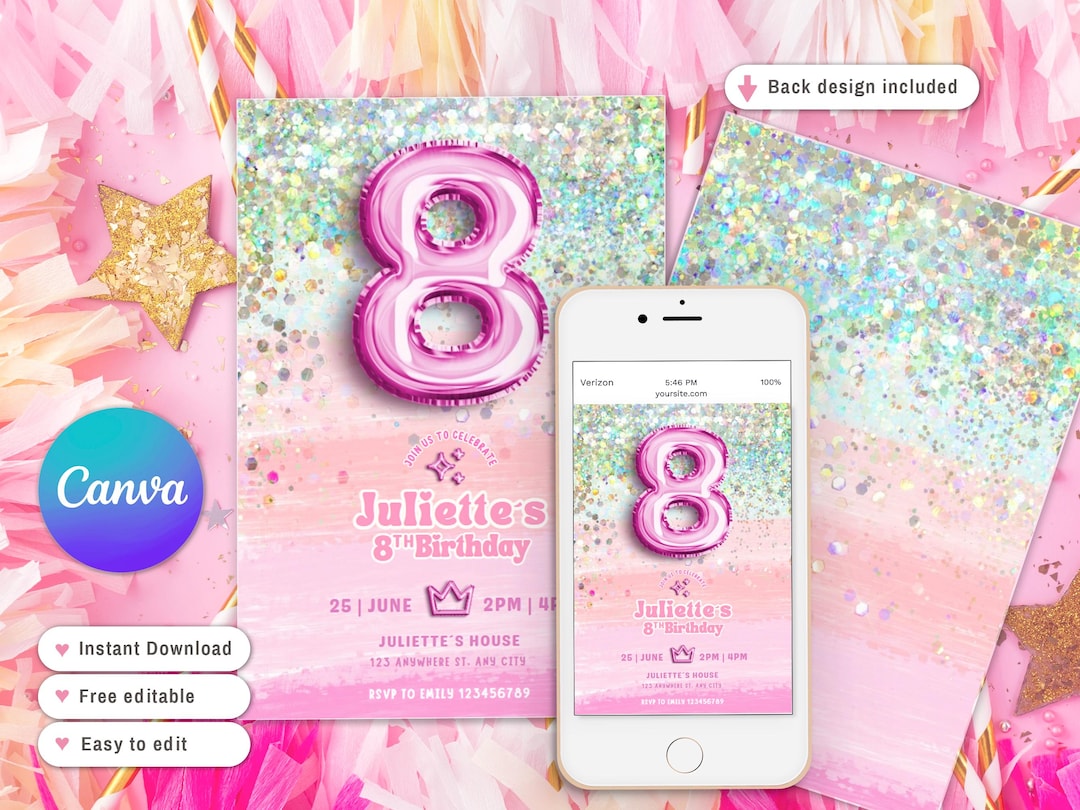 Pink 8th Birthday Invitation, Glitter Birthday Invite, Rainbow Foil ...