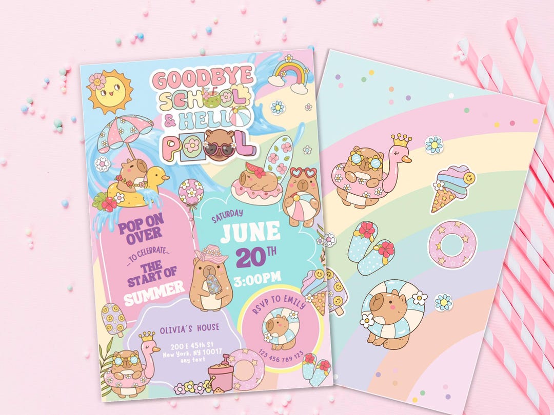 Goodbye School Hello Pool Invitation, Capybara Pool Party, Last Day of ...