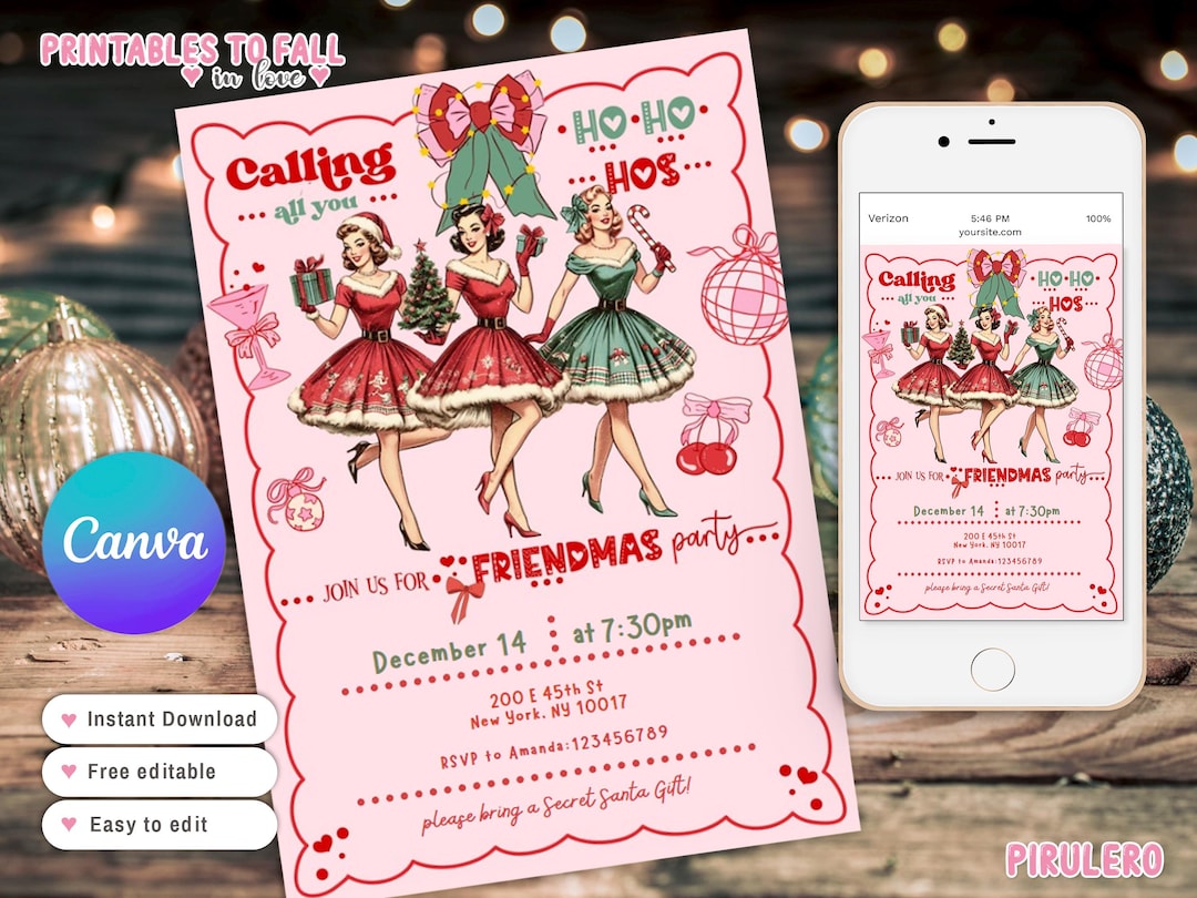 Friendmas Party Invite, Retro Girls Night Christmas Holiday Party ...