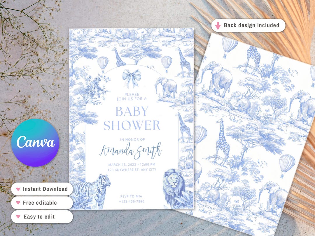 Blue Toile Safari Baby Shower Invitation, Safari Animal Baby Boy Shower ...