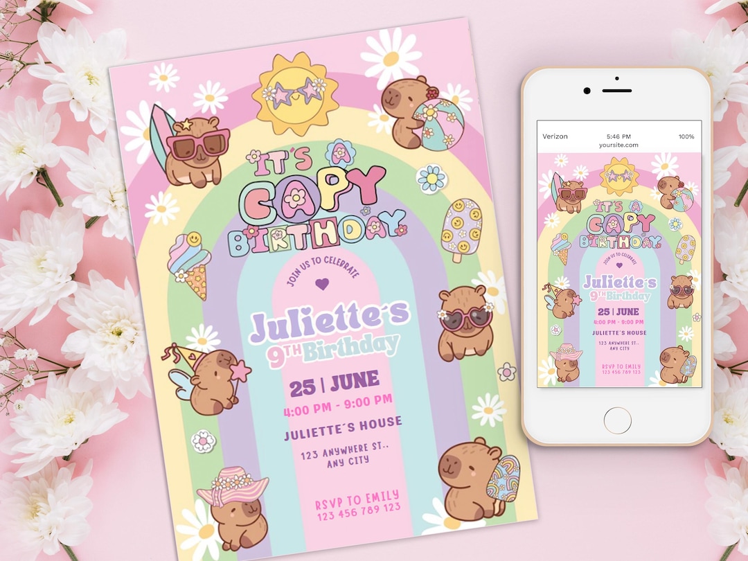 Capybara Birthday Invitation, Summer Capy Birthday Invite, Capy Groovy ...