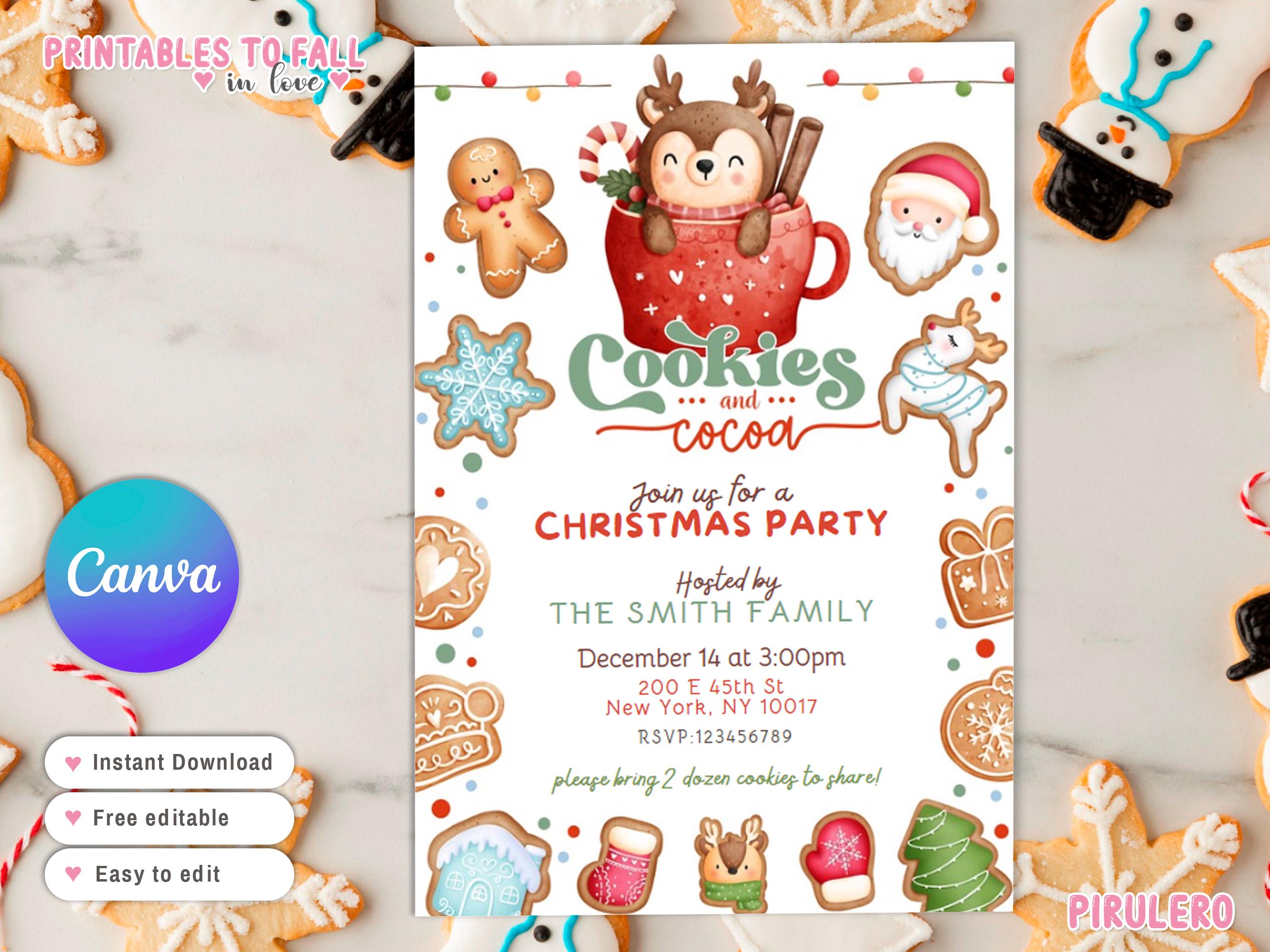 Editable Christmas Party Invitation, Festive Cocoa and Cookies Holiday ...