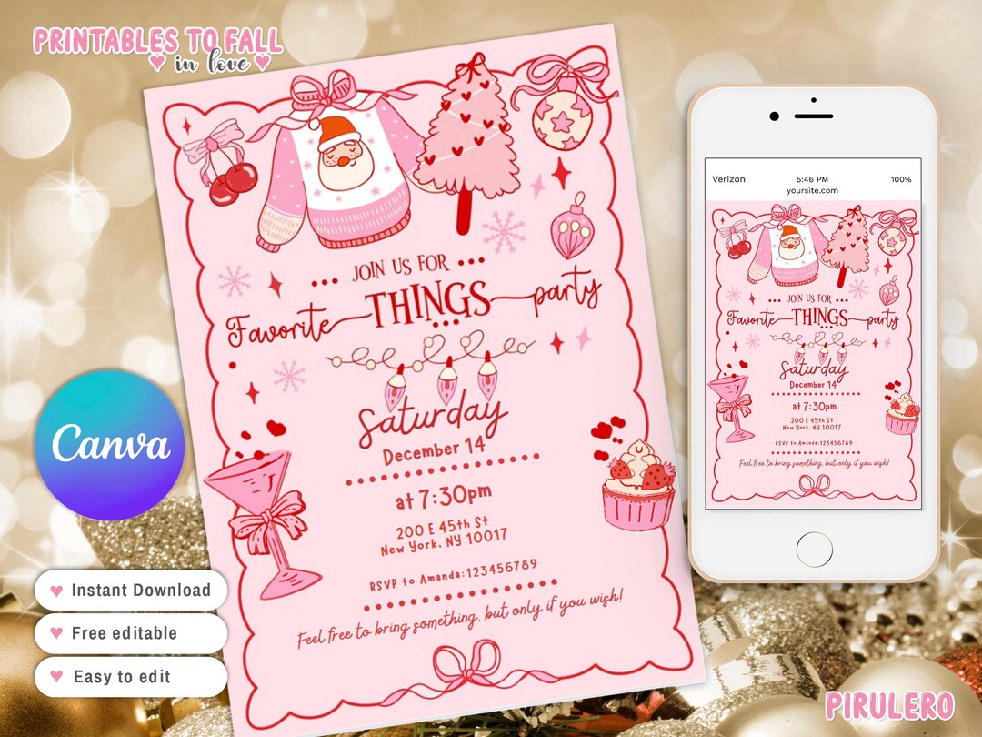 Pink Favorite Things Party Invitation Holiday Party Invite Girls Gift ...