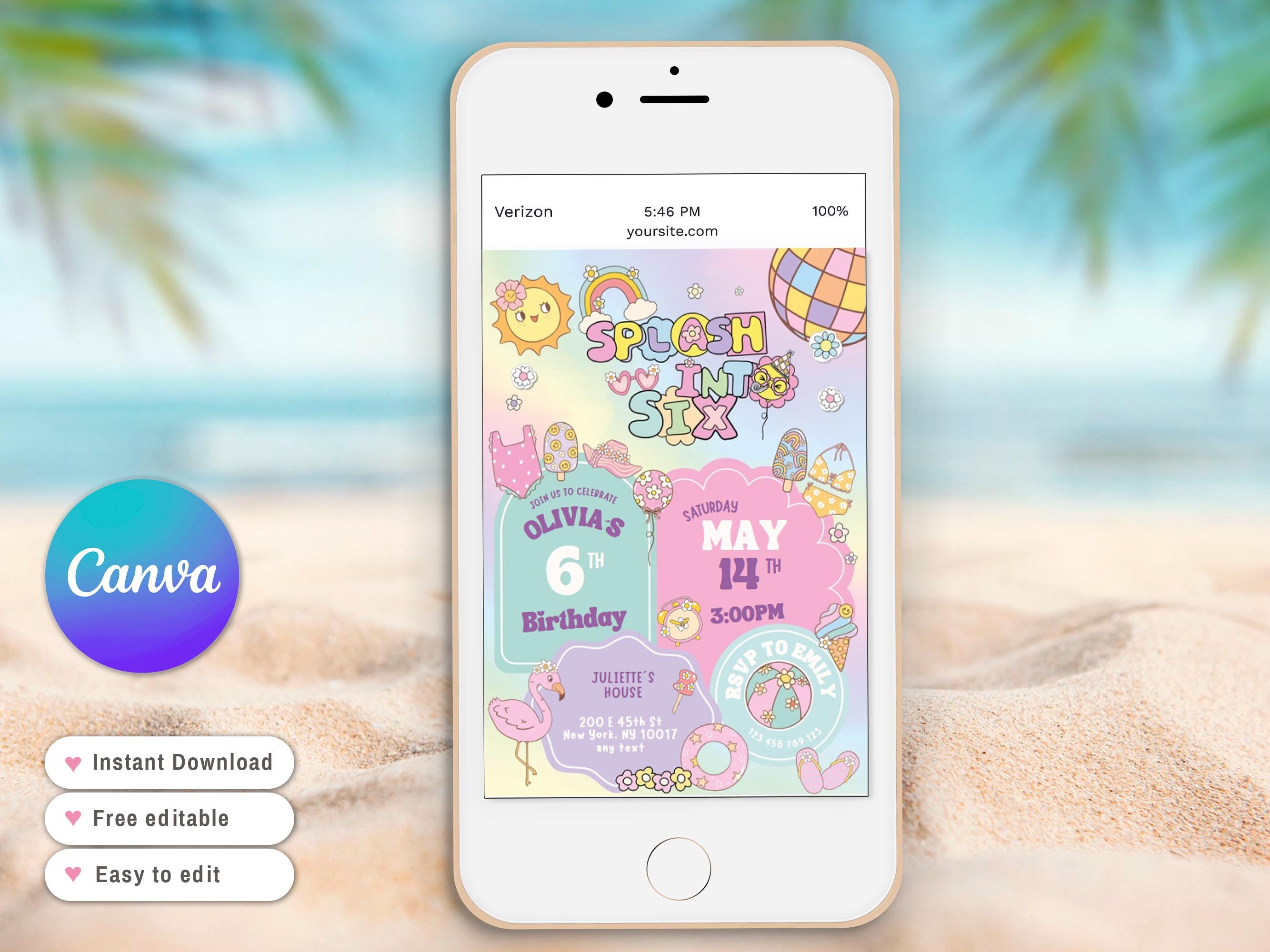 Editable Groovy Splash Into Six, 6th Birthday Pool Party Invitation ...