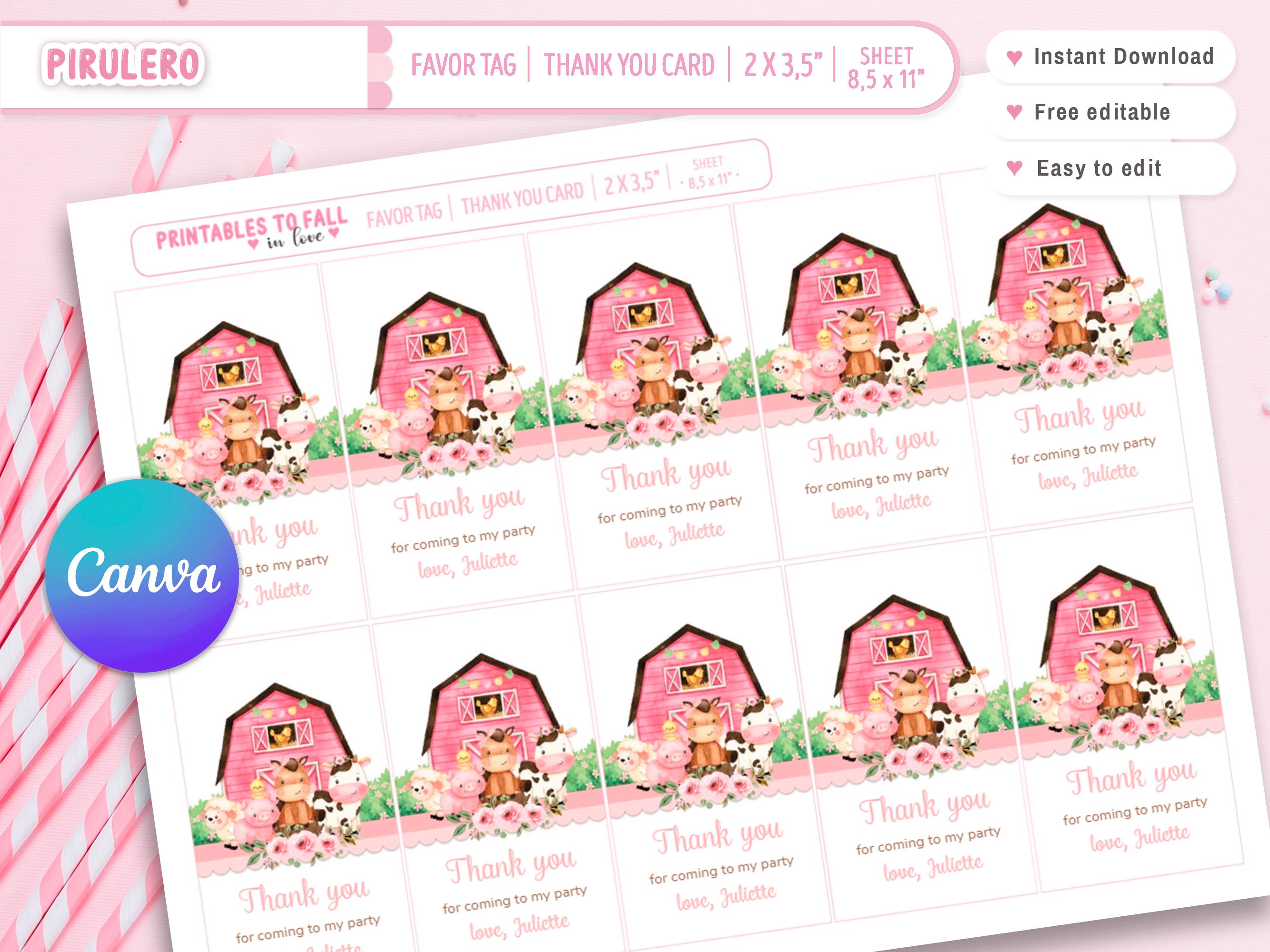 Girl Farm Favor Tag, Farm Pink Thank You Tags Cards, Farm Animals Girl ...