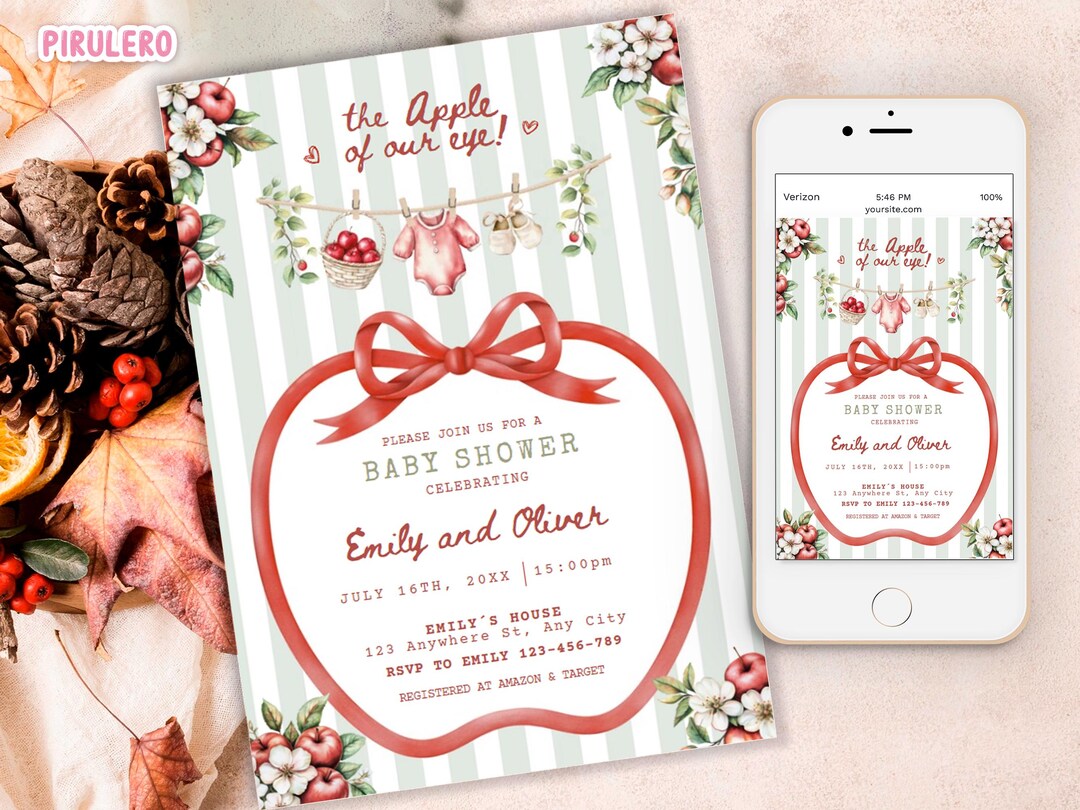 Apple Baby Shower Invitation, Retro Apple Clothesline Bouquet Baby ...