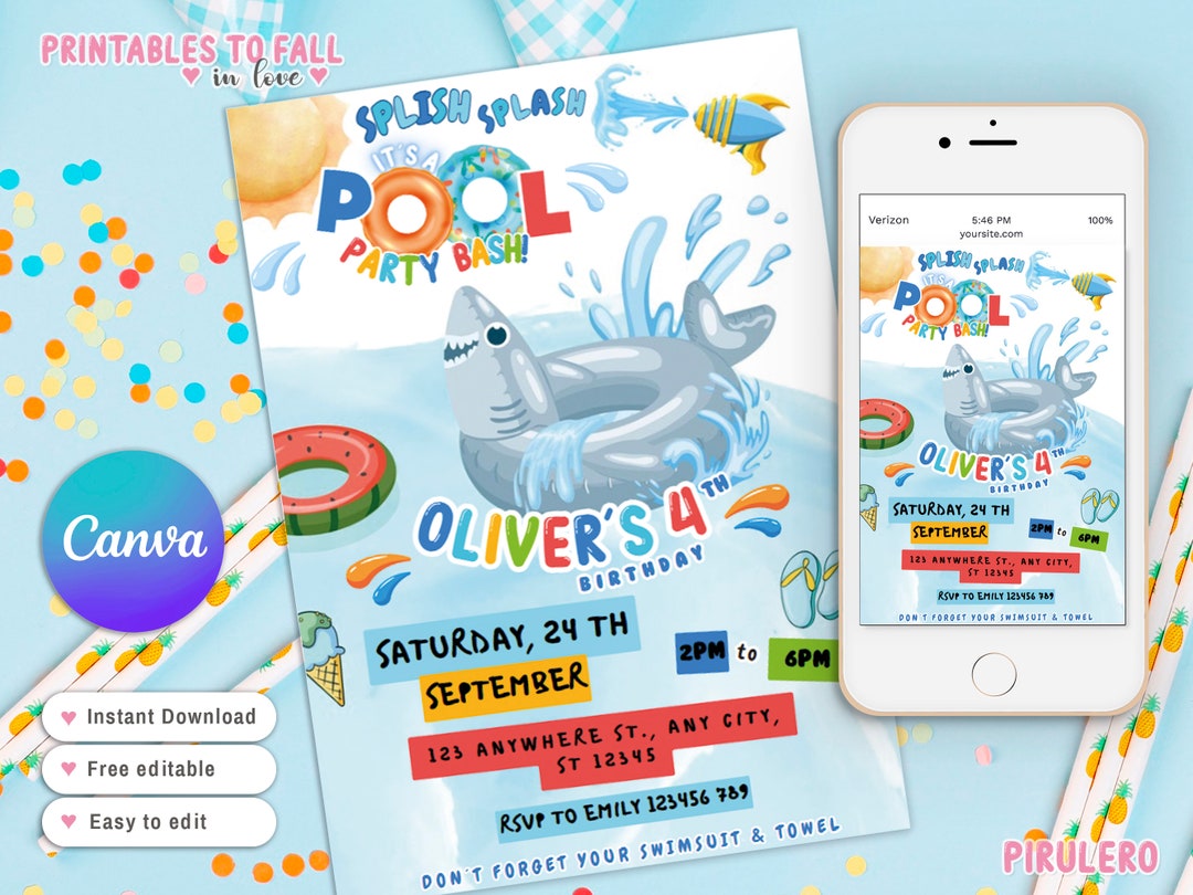 Pool Party Shark Float Water Slide Party Invite, Summer Invitation, DIY ...