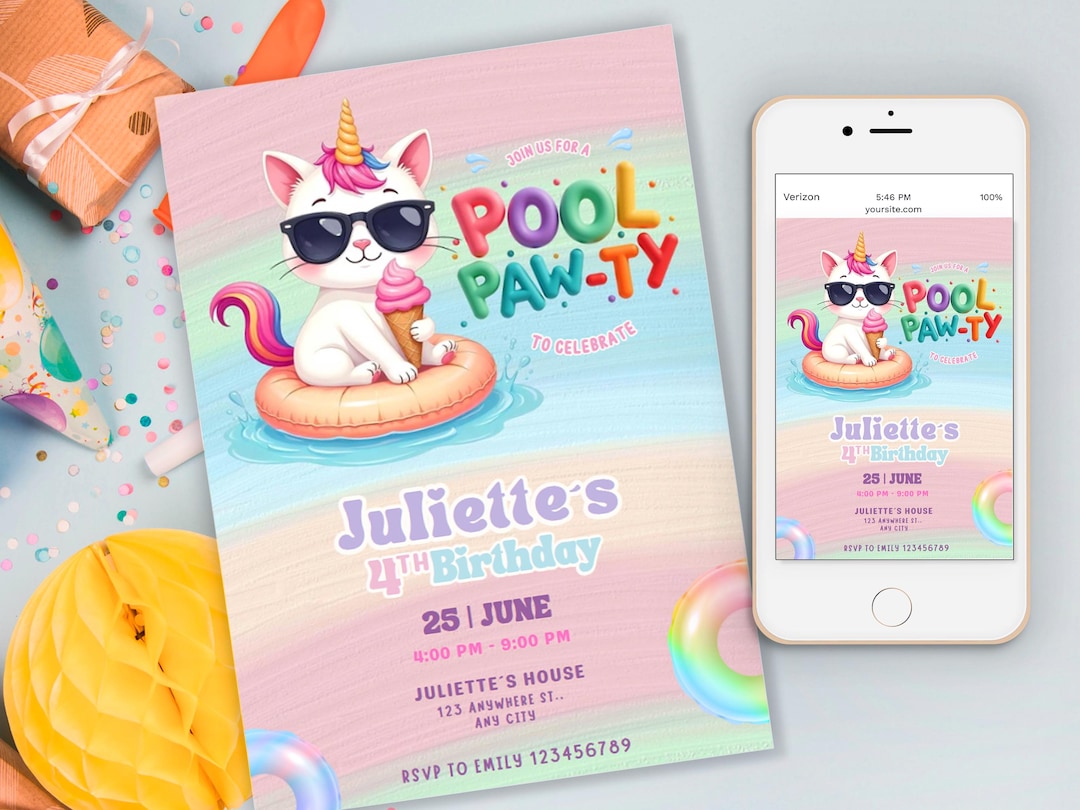 Cat Pool Paw-ty Birthday Invitation, Editable Girl Caticorn Pool Party ...