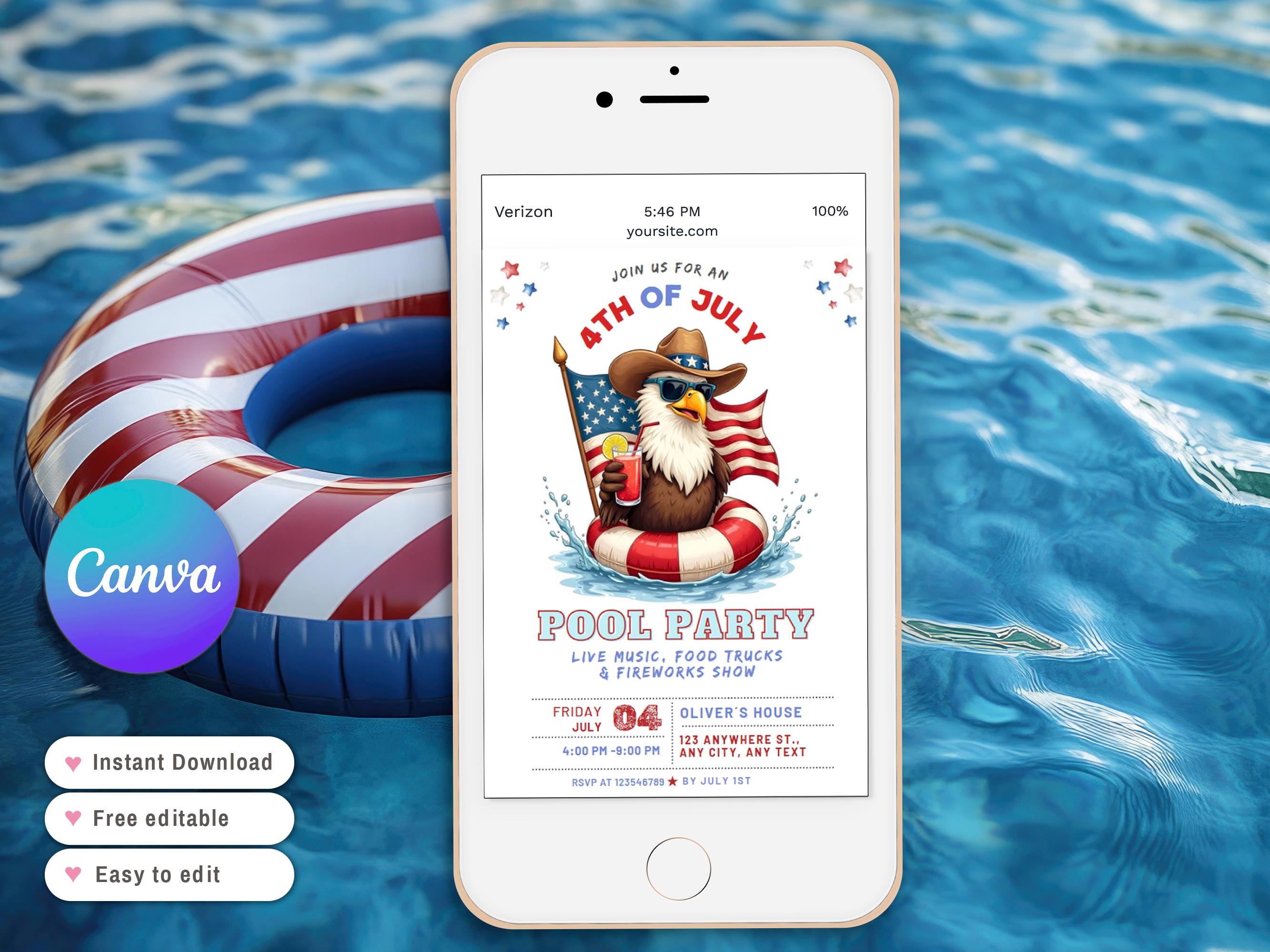 Editable Pool Party Invitation, 4th of July Party Invite, Funny ...