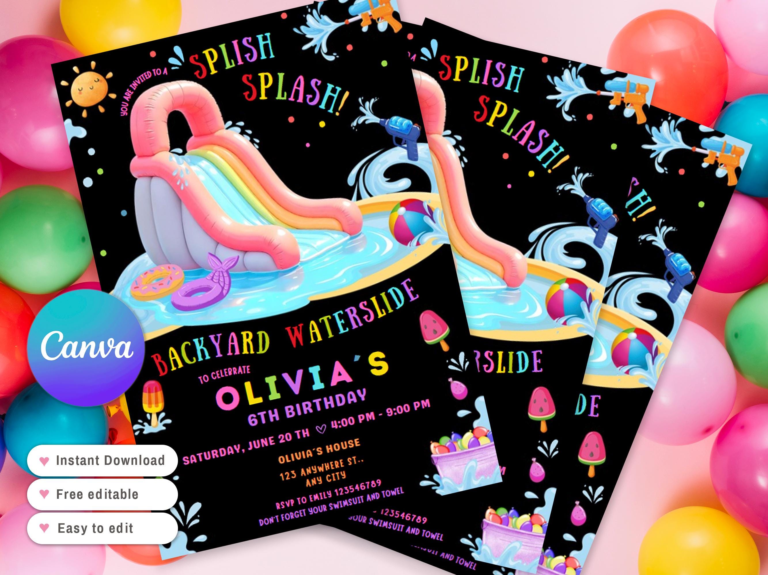 Editable Waterslide Birthday Invitation, Summer Pool Party, Splash ...
