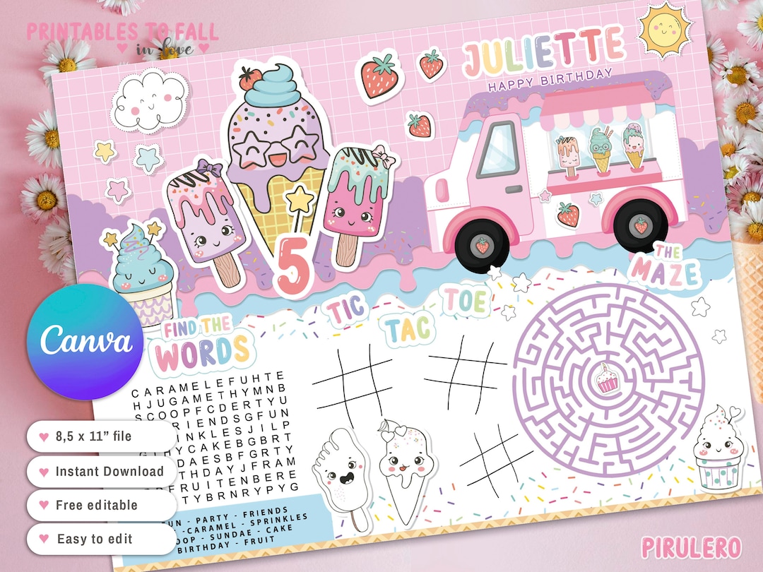 Ice Cream Birthday Party Coloring Placemat, Printable Ice Cream Truck ...