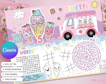 Ice Cream Birthday Party Coloring Placemat, Printable Ice Cream Truck ...