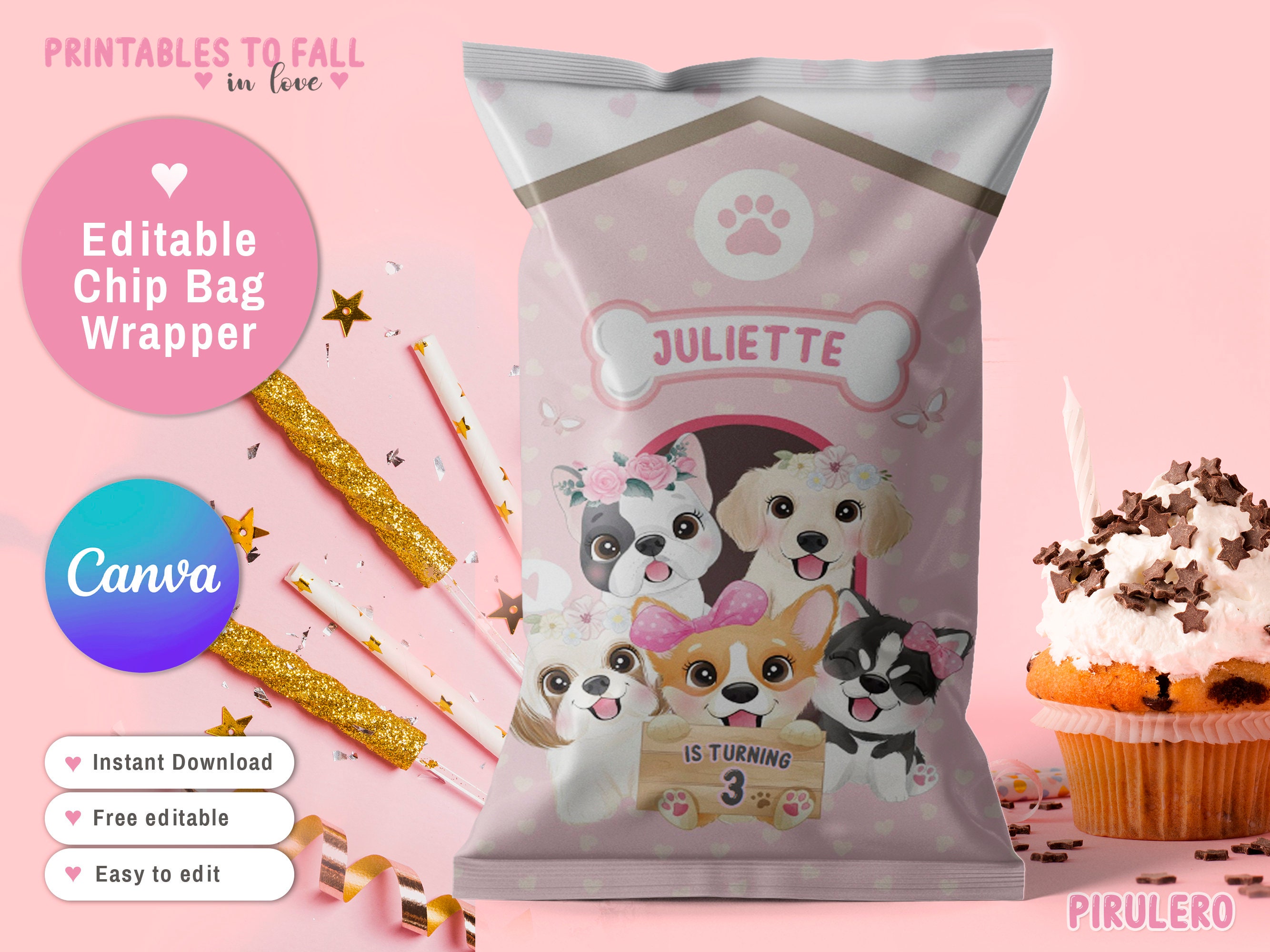 Editable Puppy Birthday Chip Bag Wrapper Labels Dog Chip Bag Party ...