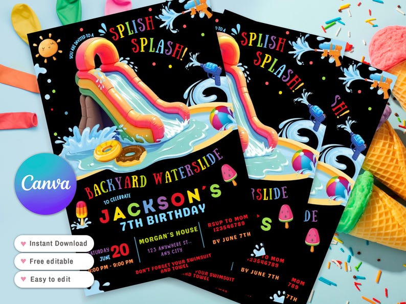 Editable Waterslide Birthday Invitation, Summer Pool Party, Splash ...
