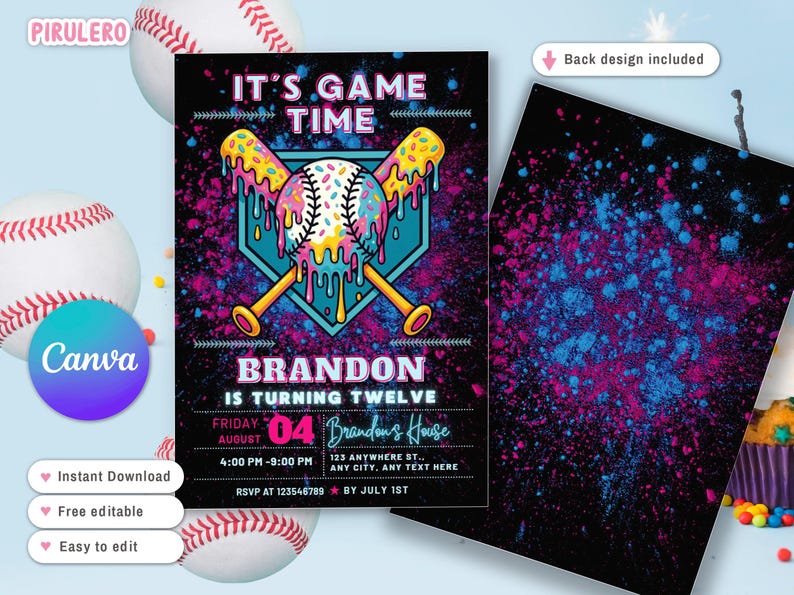 Baseball Ice Cream Drip Birthday Invitation, EDITABLE Baseball Invite ...