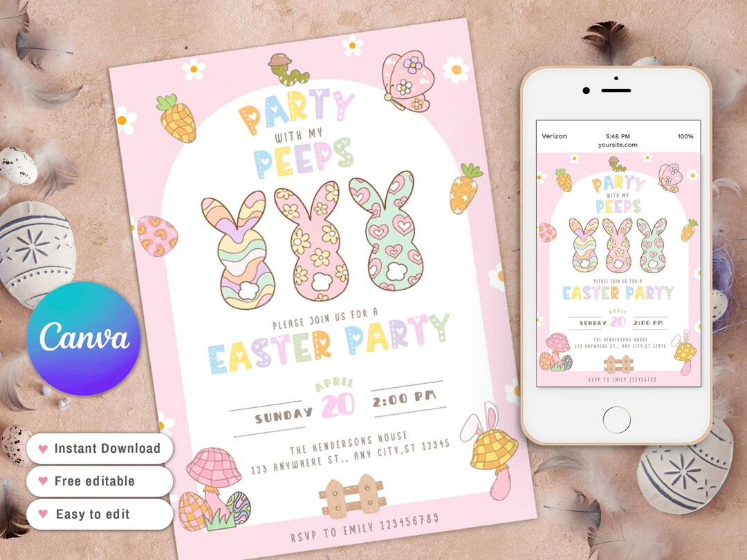 Party With My Peeps Easter Party Invitation, Happy Rabbit Easter Egg ...