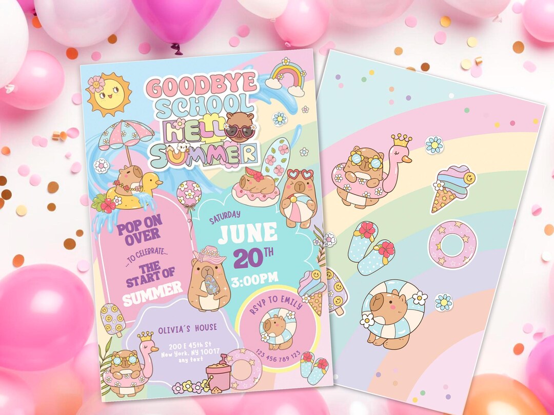 Goodbye School Hello Summer Invitation, Capybara Pool Party, Last Day ...