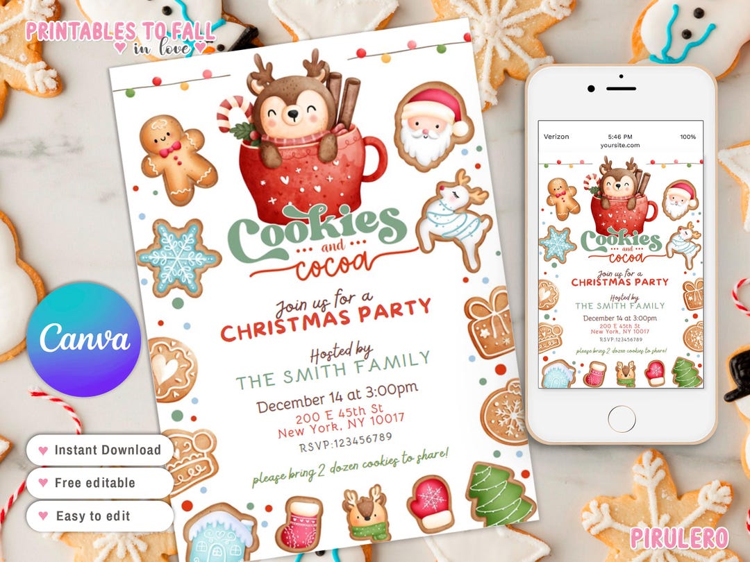 Editable Christmas Party Invitation, Festive Cocoa and Cookies Holiday ...