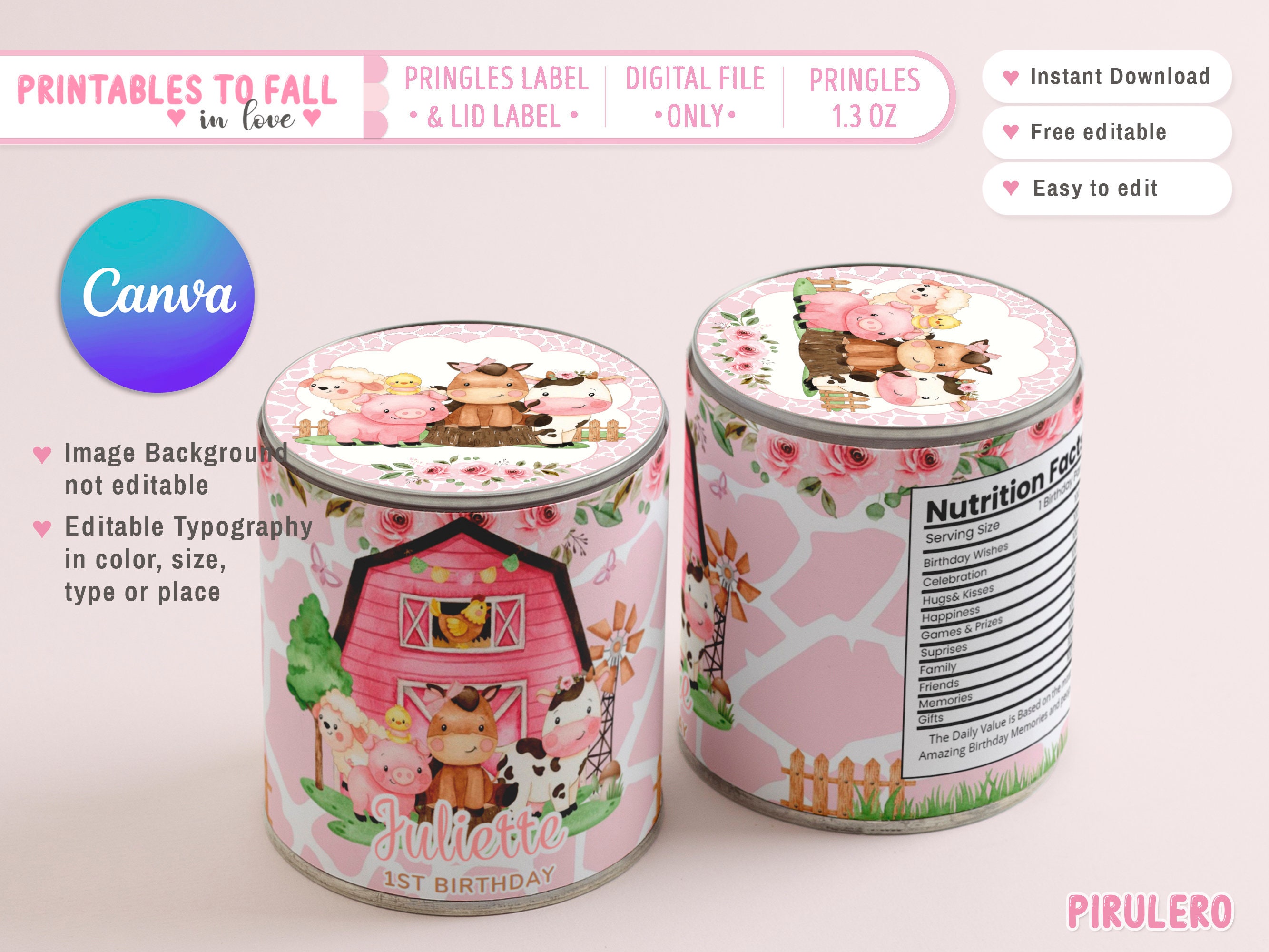 Girl Farm Animals Pringles Label,pringles Lid Labels 1.3 Oz, Girl ...
