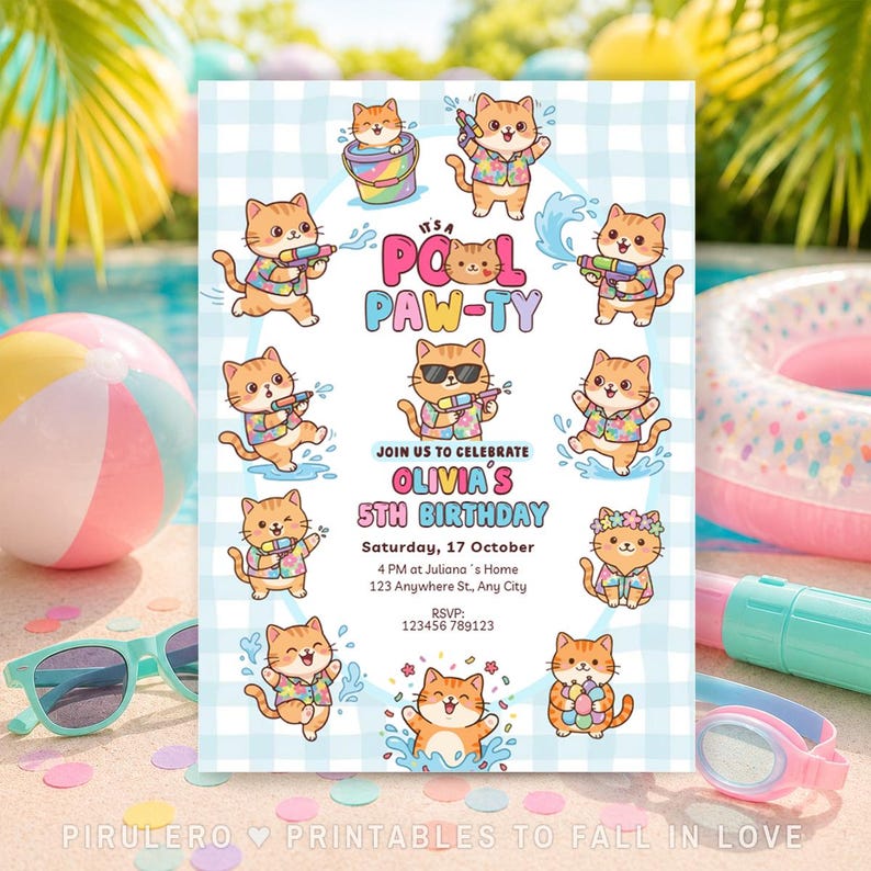 Pool Party Birthday Invitation, Cats Pool Pawty Birthday Invite, Kawaii ...