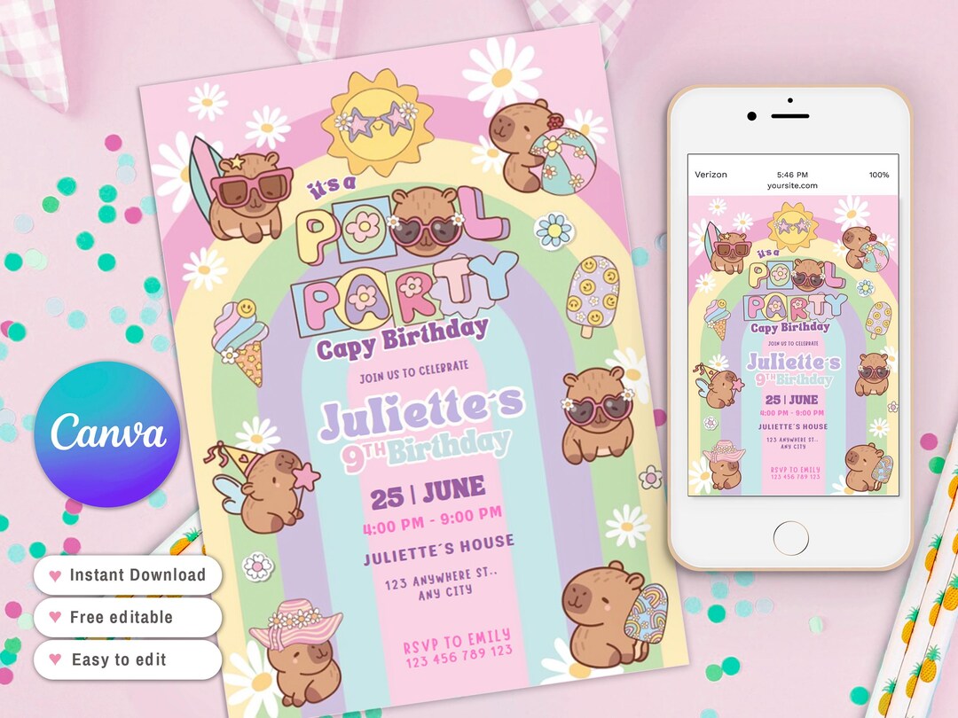 Pool Party Capybara Birthday Invitation, Summer Capy Birthday Invite ...