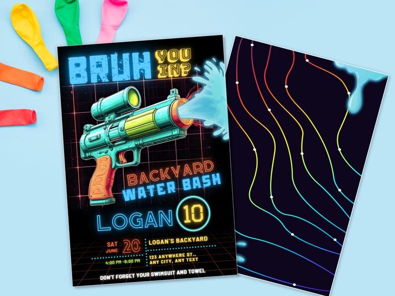 Water Gun Birthday Invitation, Pool Party Invite, Any Age Neon Water ...