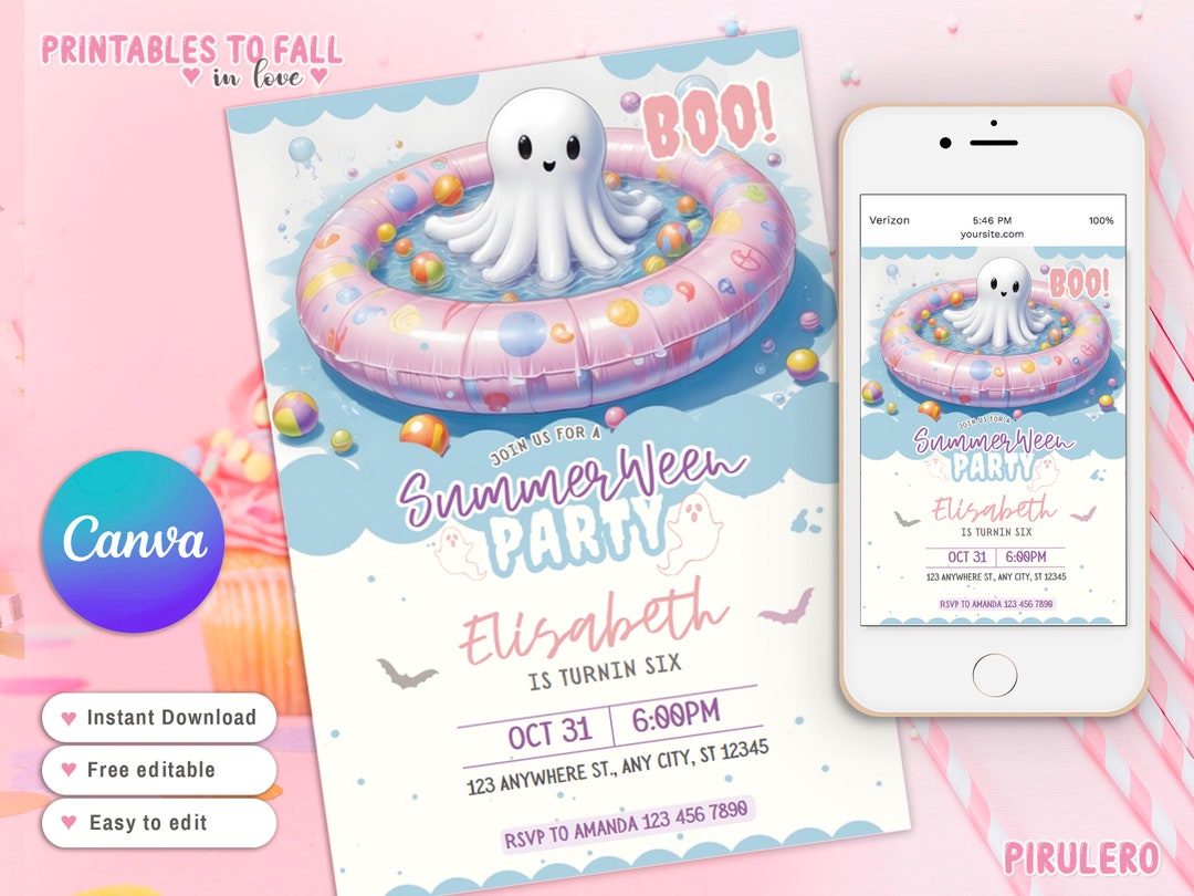 Editable Summerween Birthday Party Invitation Summer Halloween Ghost ...