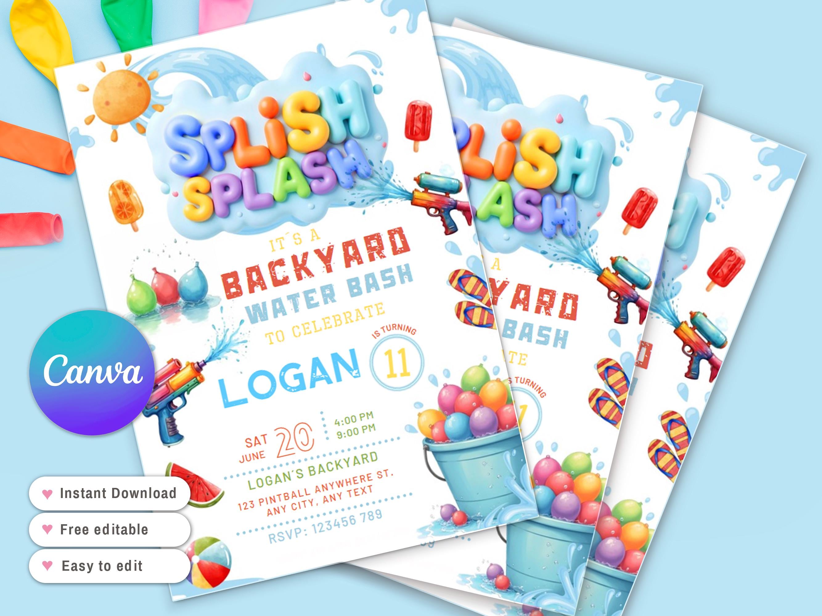 Water Balloon Birthday Invitation, Water Gun Invite, Let's Get Soaked ...