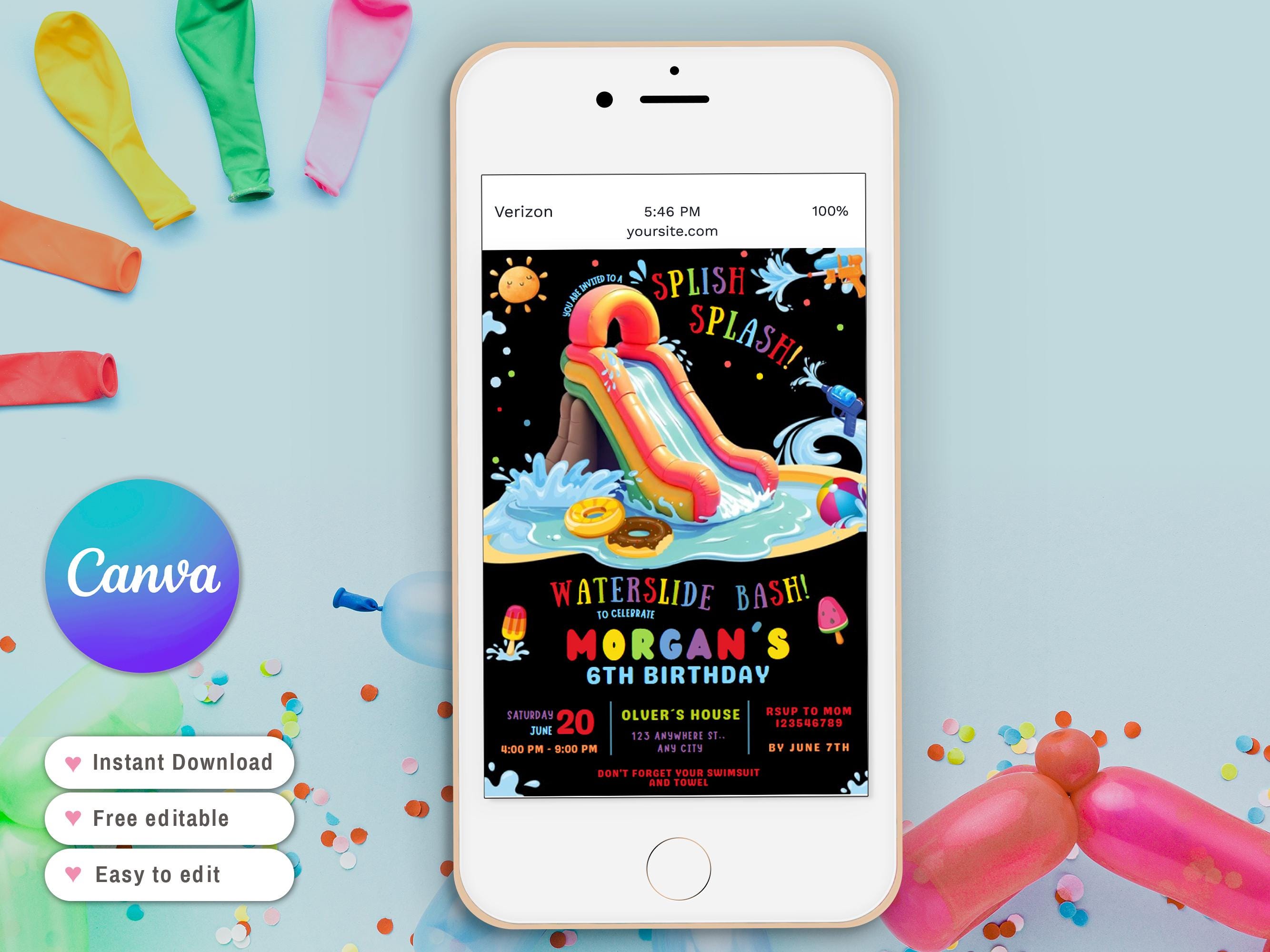 Editable Waterslide Birthday Invitation, Summer Pool Party, Splash ...