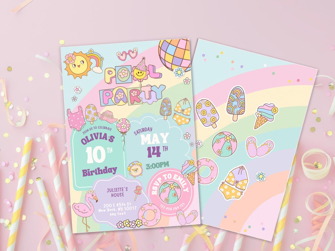 Pool Party Groovy Birthday Invitation, Retro Groovy Pool Party Preppy ...