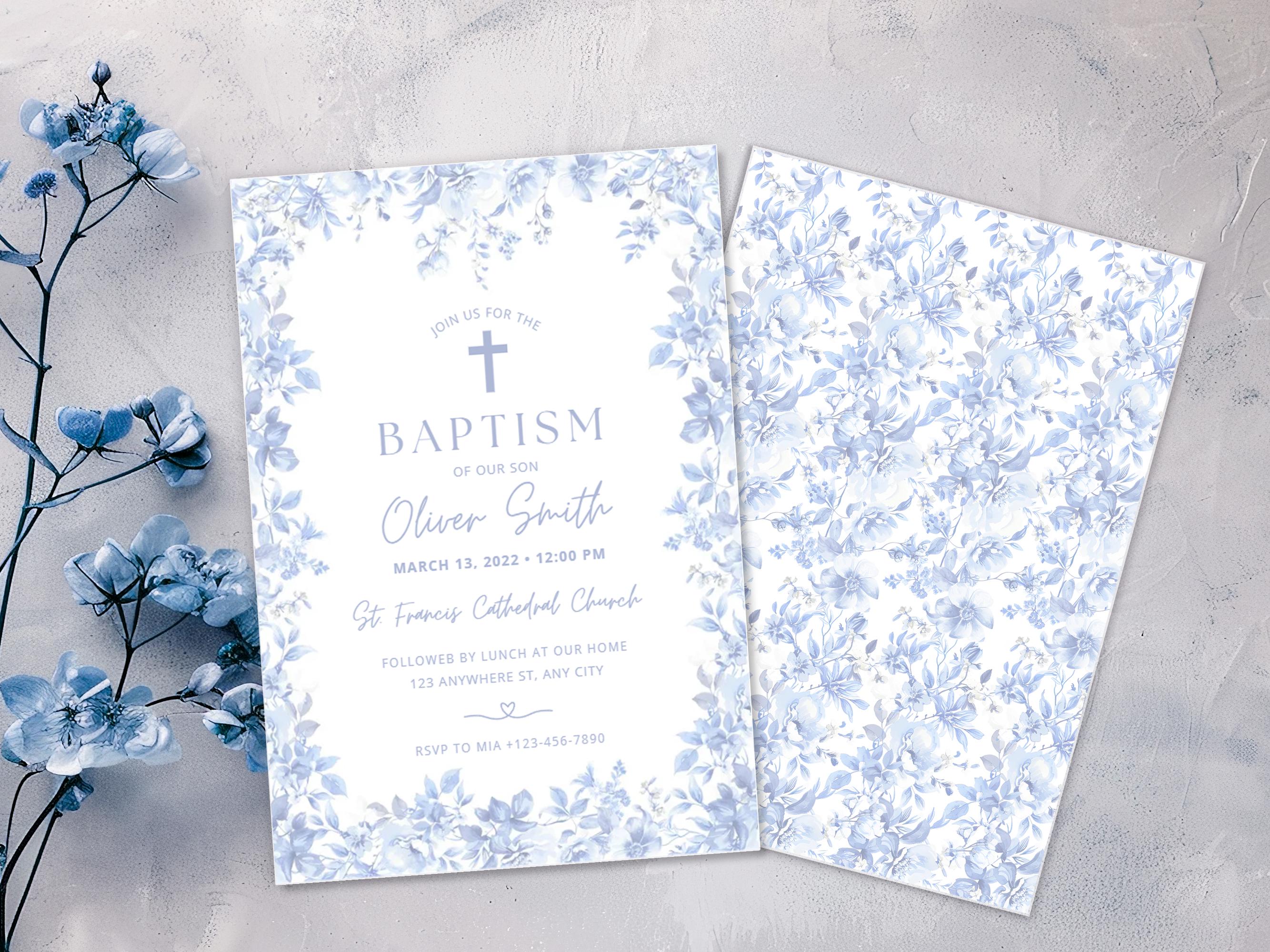 Blue Toile Baptism Invitation Girl or Boy Christening Invite, Vintage ...