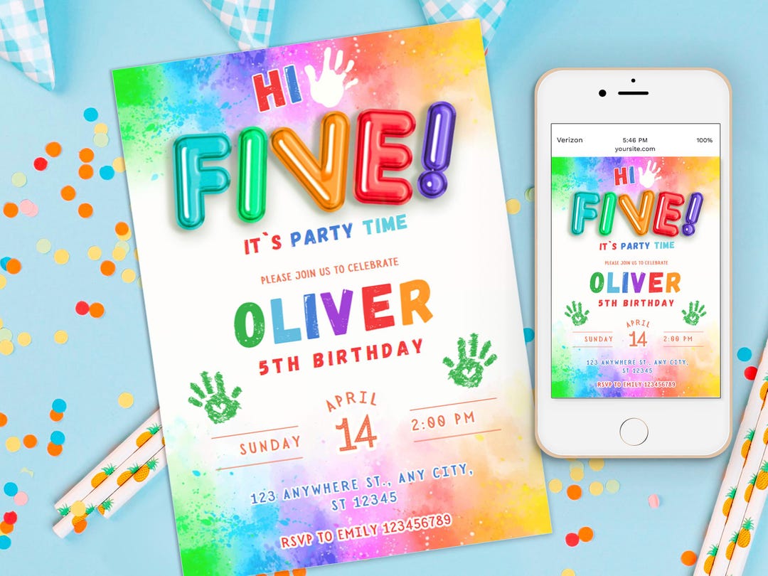 Hi-five Glow 5th Birthday Invitation Template, Colorful Rainbow Foil ...