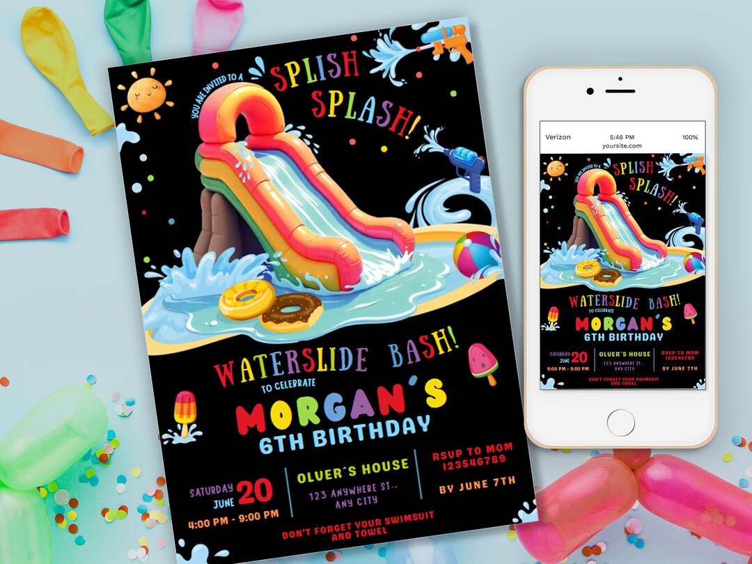 Editable Waterslide Birthday Invitation, Summer Pool Party, Splash ...